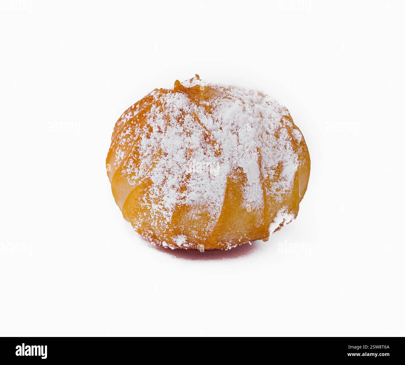 Delicious round donut covered with powdered sugar on white background ...