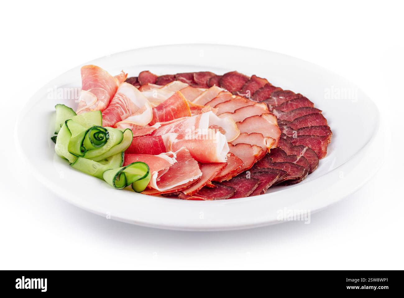 Plate presenting delicious cured meat slices with cucumber decoration ...