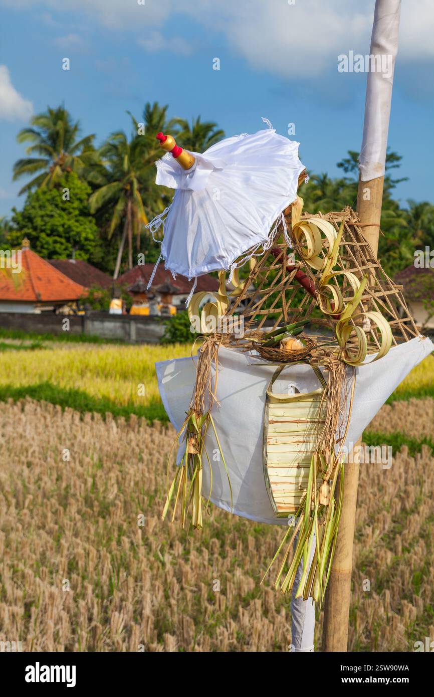 Traditional Bali Penjor, bamboo pole with decoration on village street ...