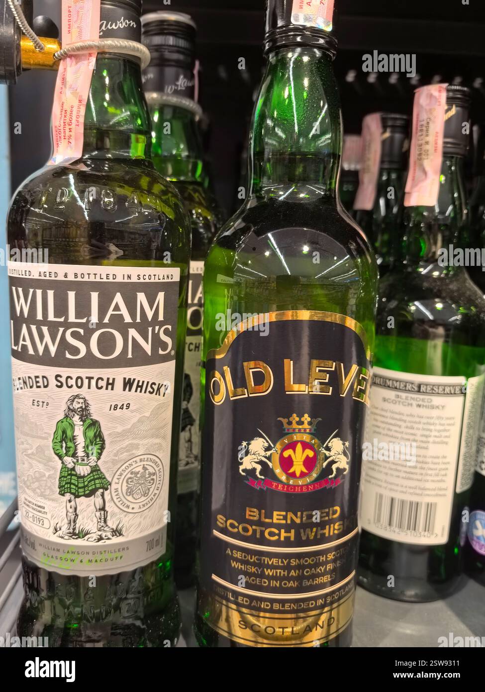 Bobruisk, Belarus - 8 February 2025: Shelves filled with various ...