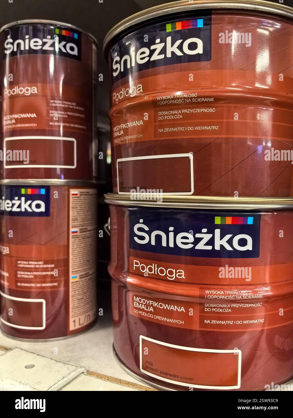 Bobruisk, Belarus - 10 February 2025: Vibrant Snezka paint cans ...