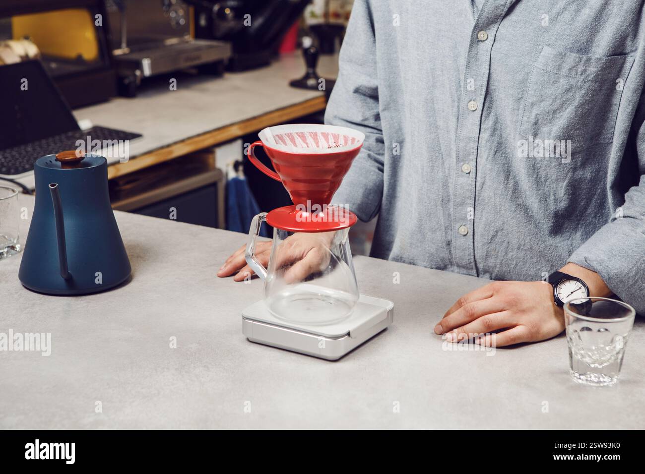 Expert Barista Prepares Pour-Over Coffee With V60 Funnel at Modern Cafe ...