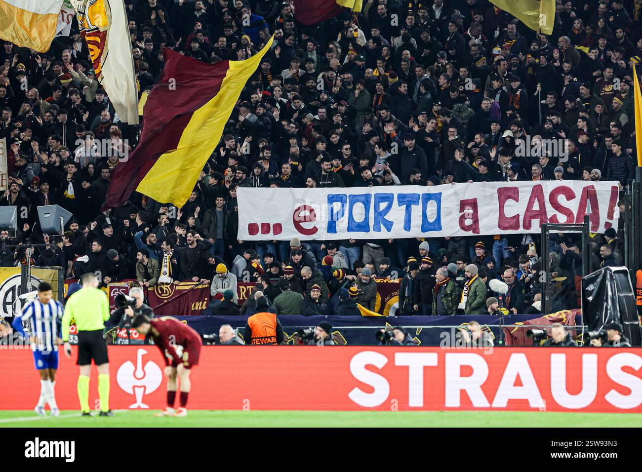 Rome, Italy. 20th Feb, 2025. Ironic banner as roma support â??and I ...