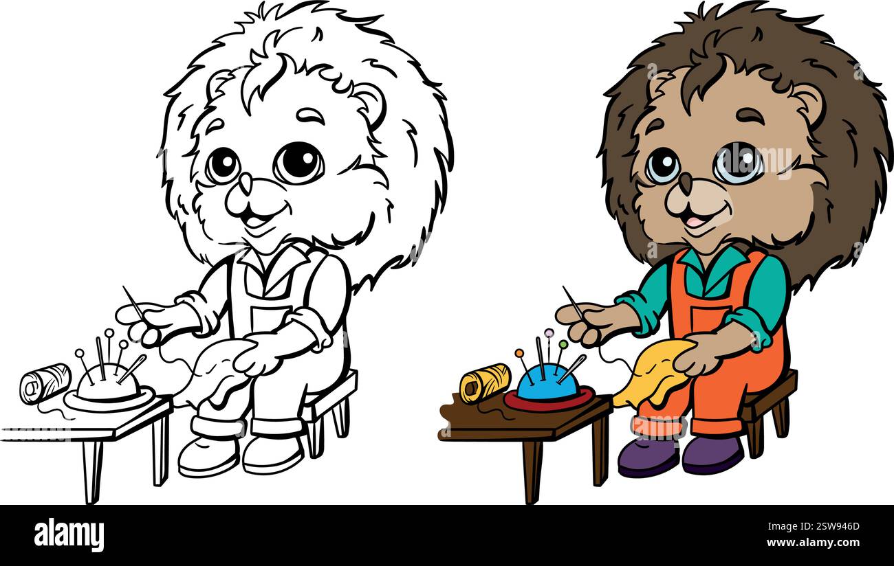 Hedgehog tailor sews clothes. Coloring book with example for kids ...