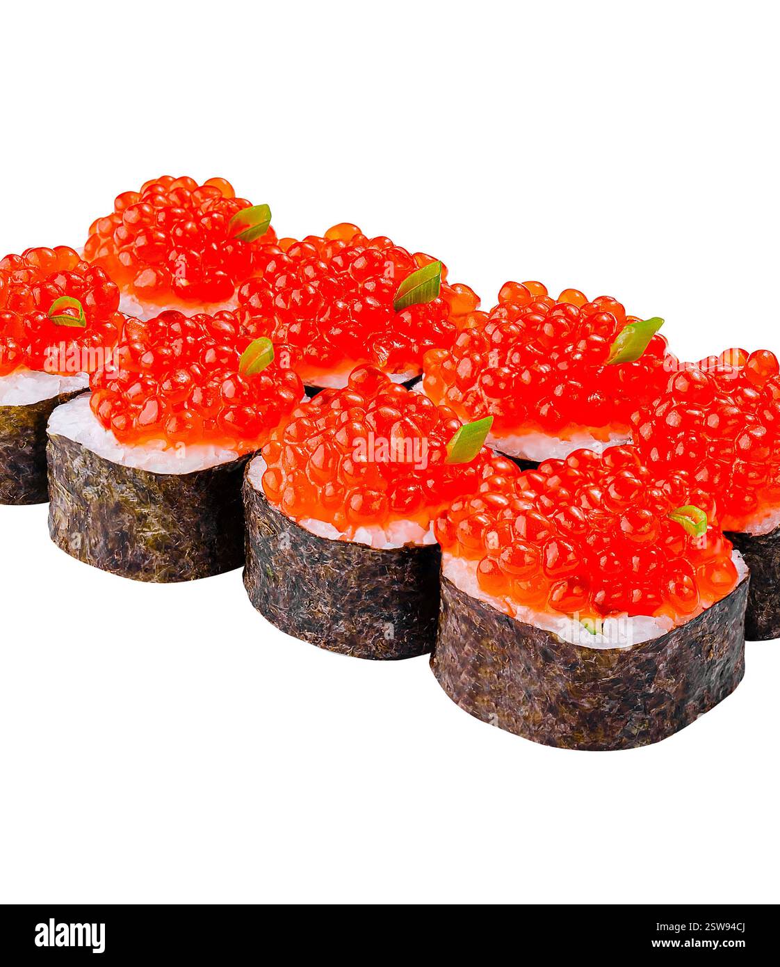Delicious gunkan maki sushi rolls covered with red caviar Stock Photo ...