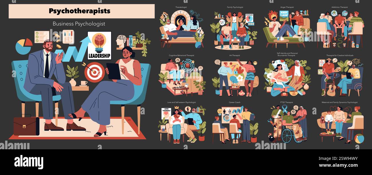 Psychotherapists set. Diverse therapy sessions for mental health showcased with therapists and ...
