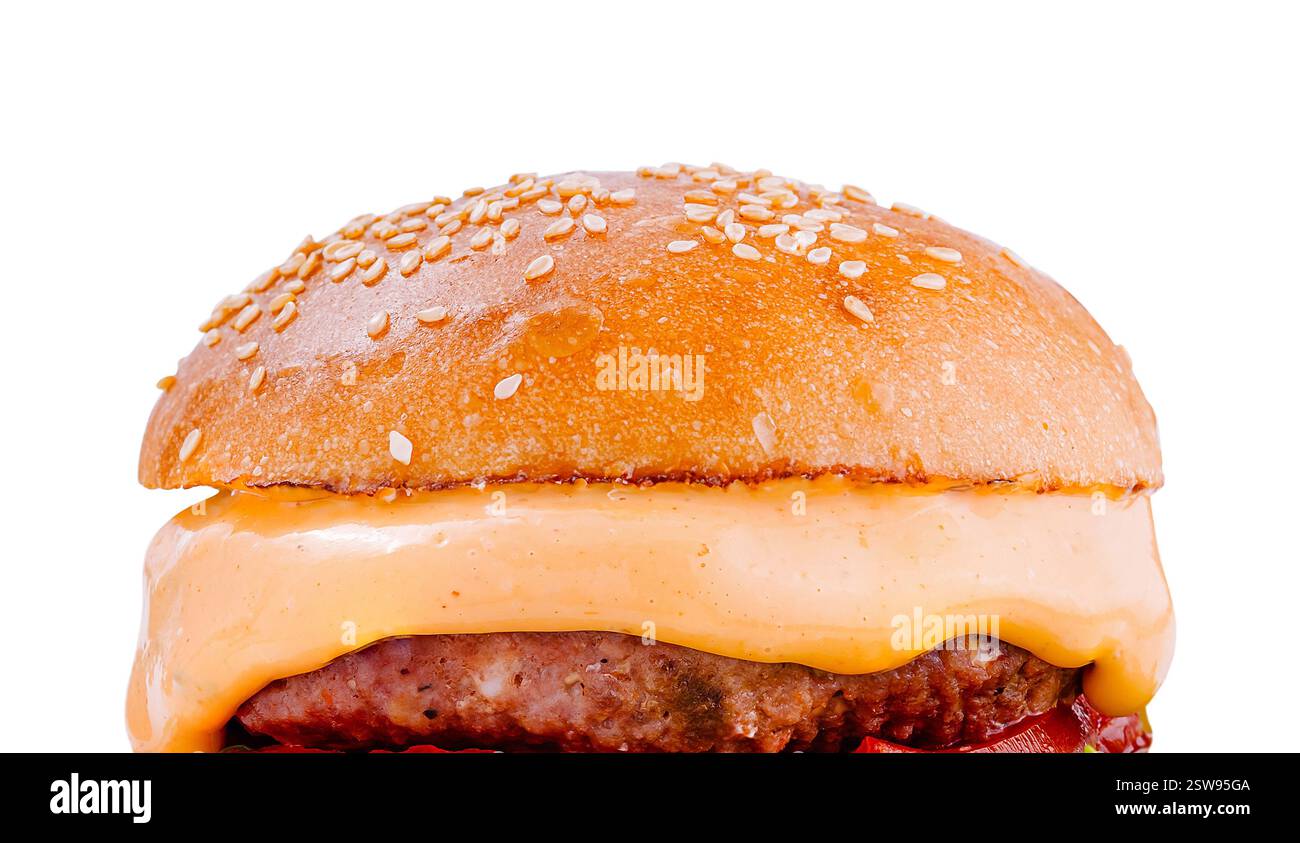 Delicious burger with melted cheese dripping over juicy patty on white ...