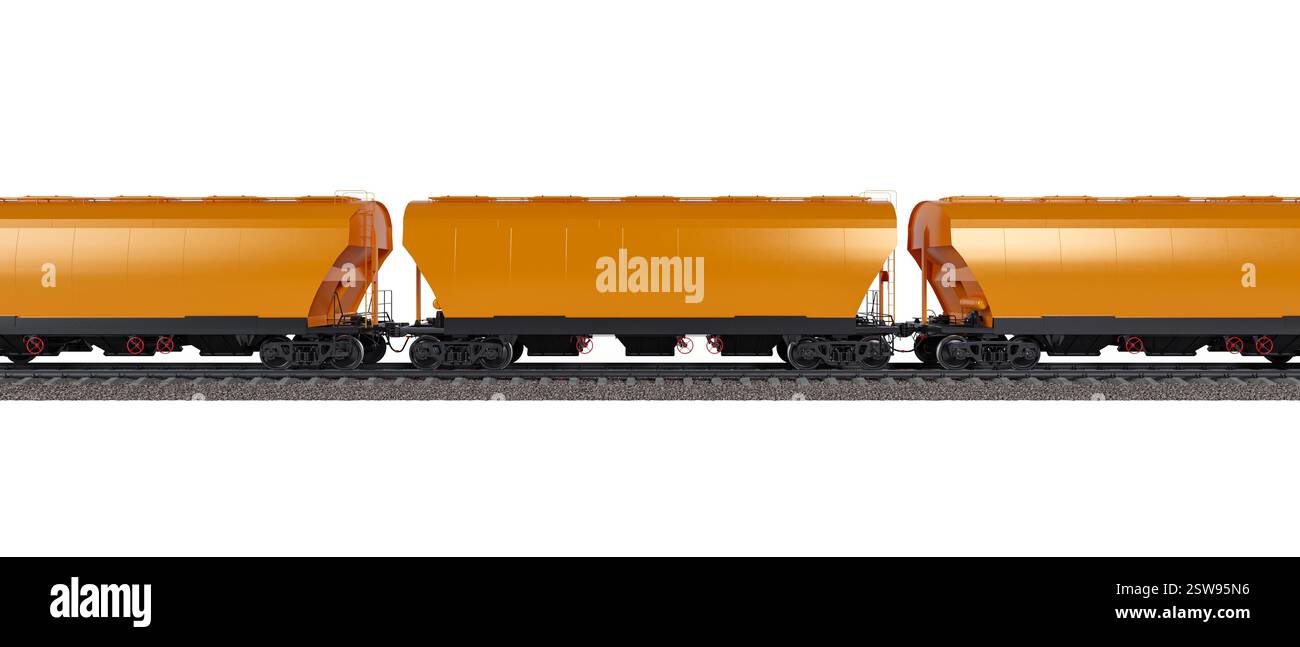 Orange wagon trains on the railway tracks. Railroad on a white ...