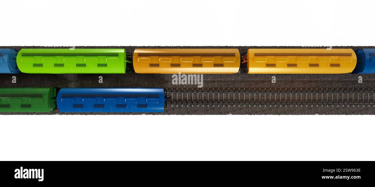 Train with colorful hopper cars on the railway tracks. Railroad on a ...