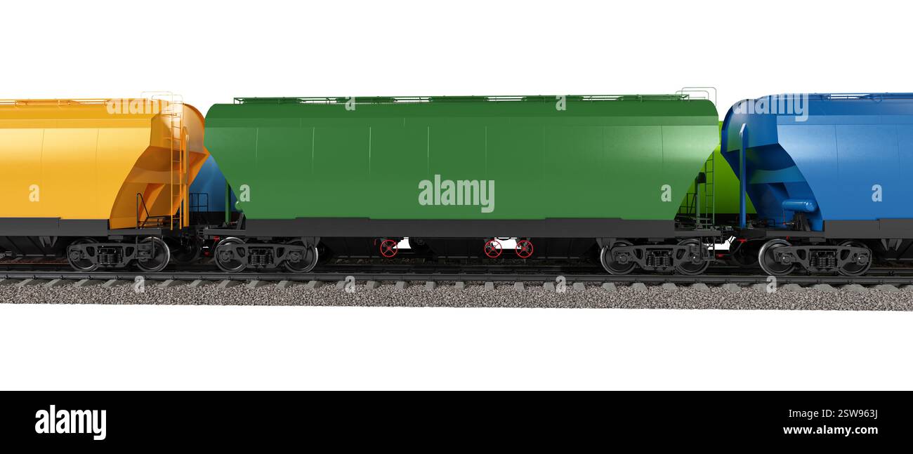 Train with colorful hopper cars on the railway tracks. Railroad on a ...