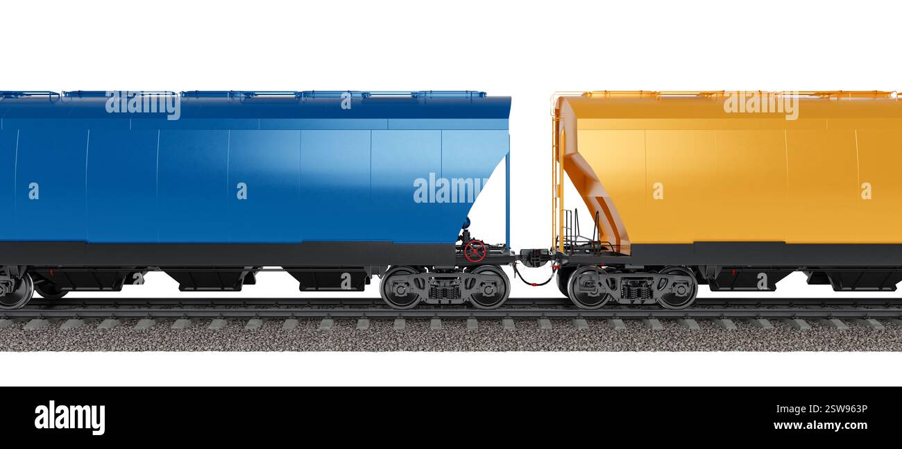 Blue and yellow wagon train on the railway tracks. Railroad on a white ...