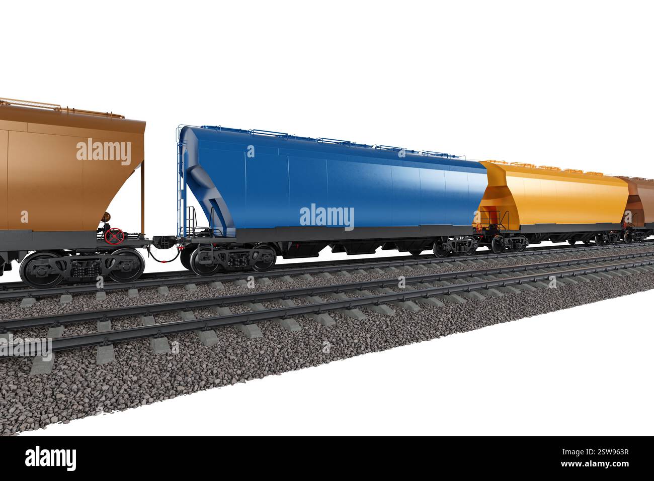 Train with colorful hopper cars on the railway tracks. Railroad on a ...