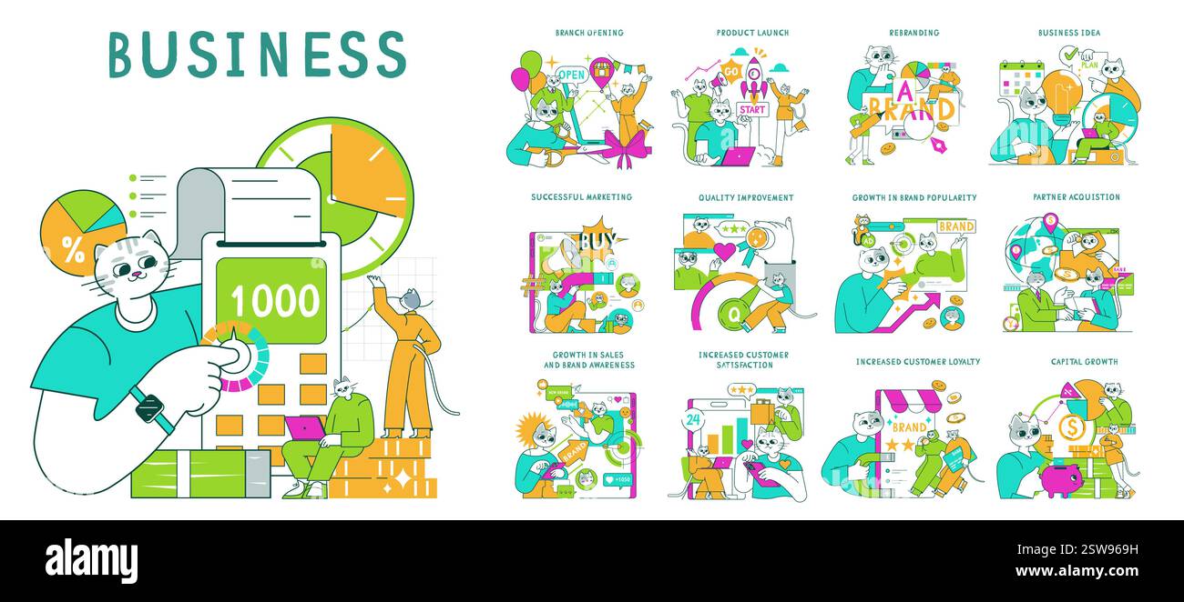 Business Cat illustration. Features various aspects of business ...