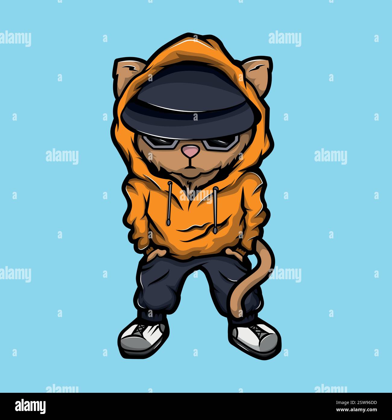 Cute cartoon cat in a hood. Street style character vector illustration ...