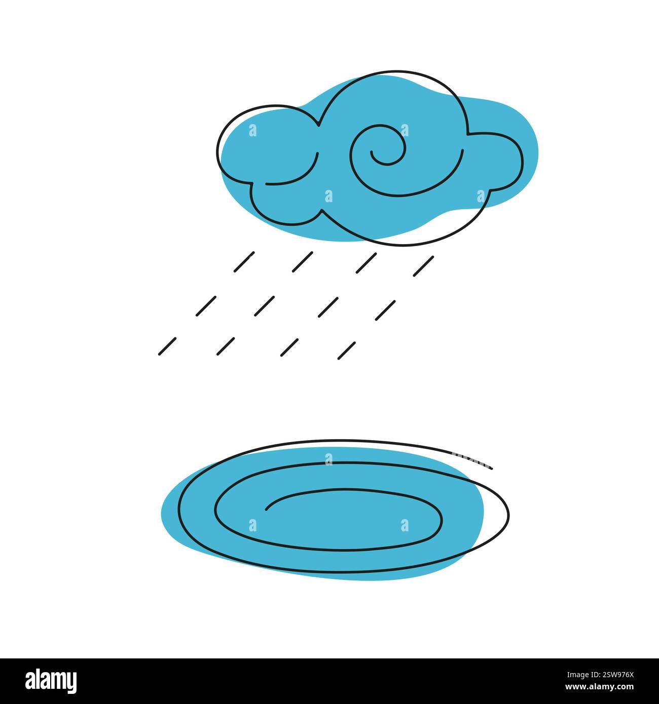 Simple illustration of a cloud with rain and a puddle on a white ...