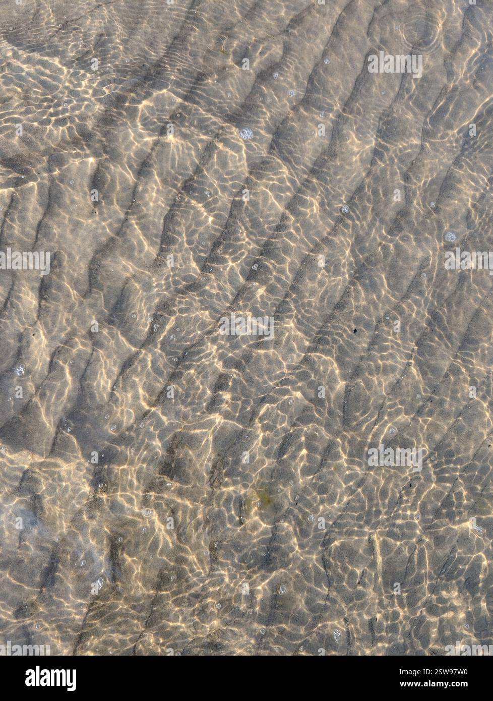 Natural rippled sand texture under clear shallow water with sunlight ...