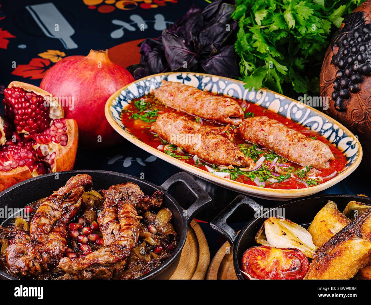 Traditional georgian food presenting lamb and various dishes Stock ...