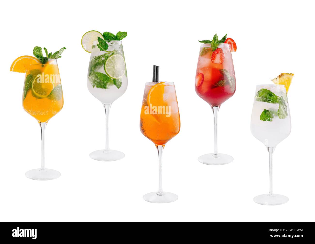 Five colorful cocktails with fruit and mint standing on white background Stock Photo - Alamy