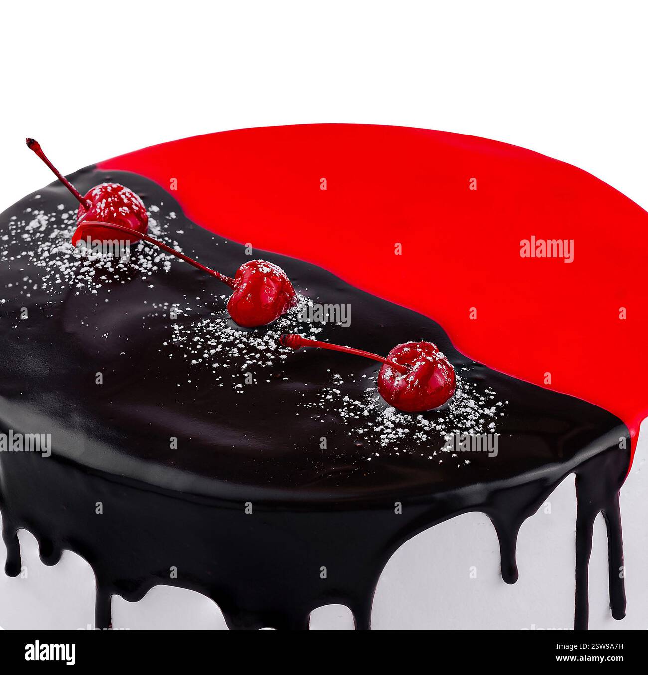 Delicious red and black cake dripping icing with cherries Stock Photo ...