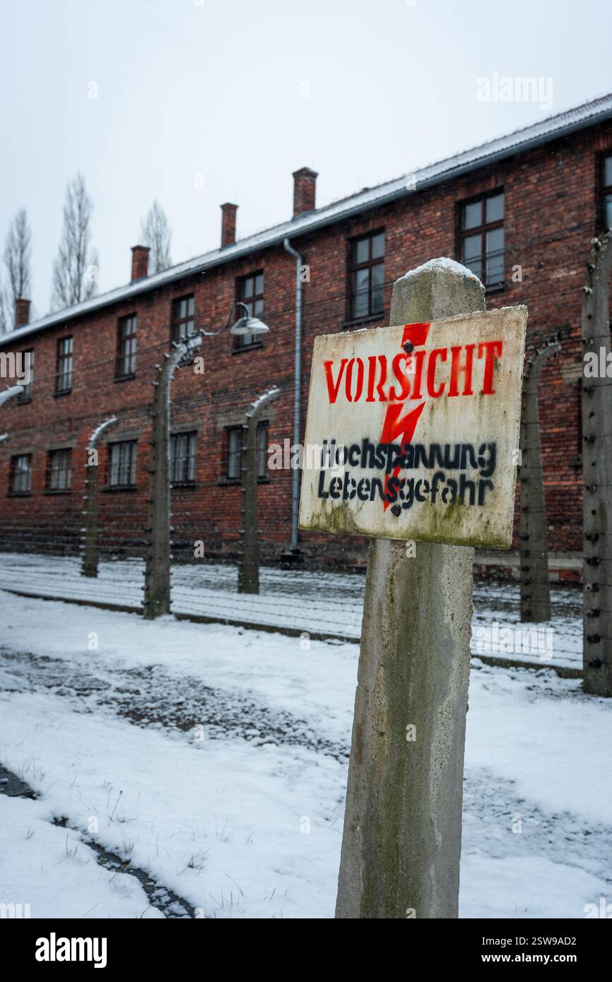 Warning sign high voltage danger of death on Auschwitz fence during ...