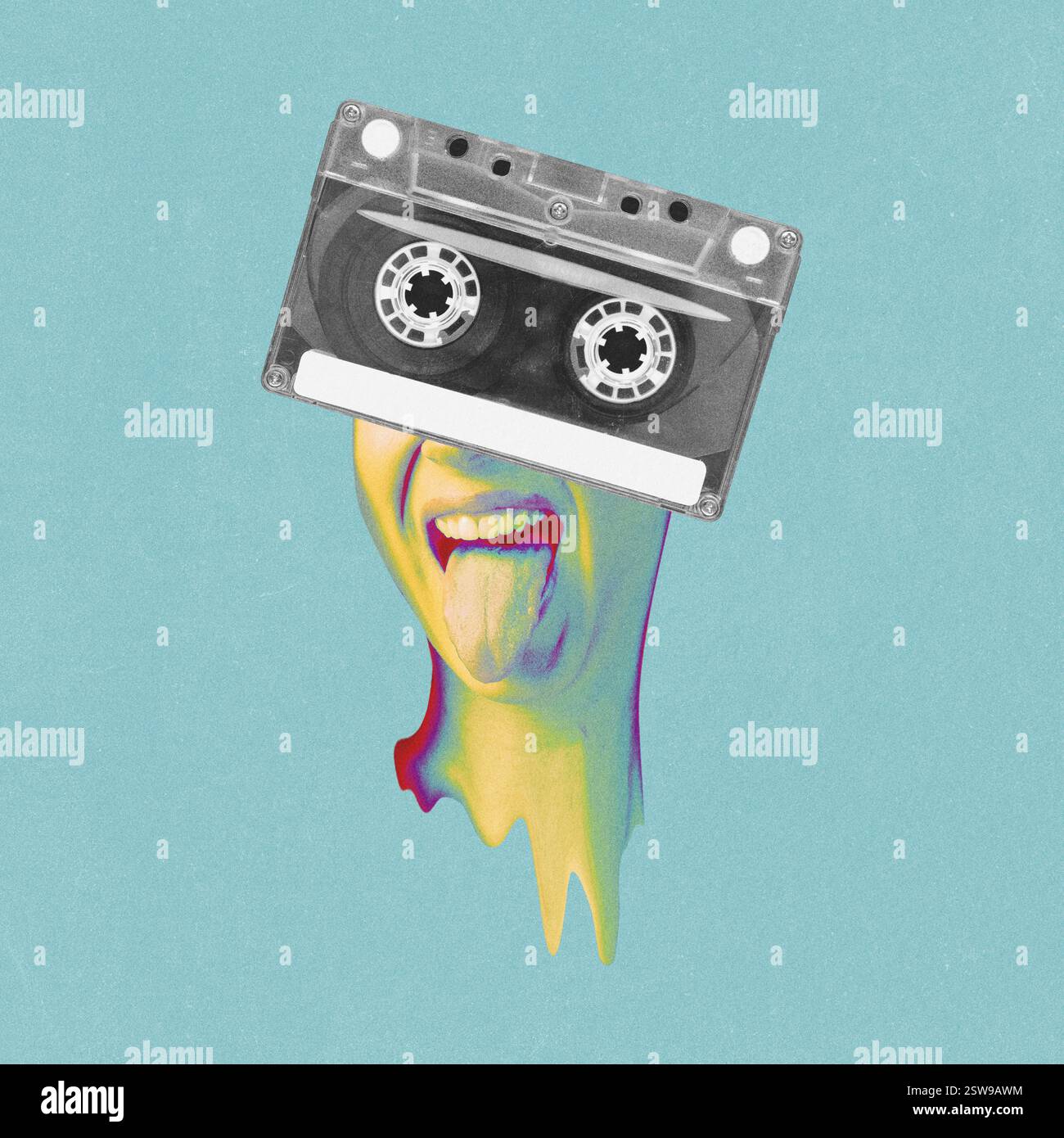 A playful artwork blending a cassette tape with a melting colorful ...
