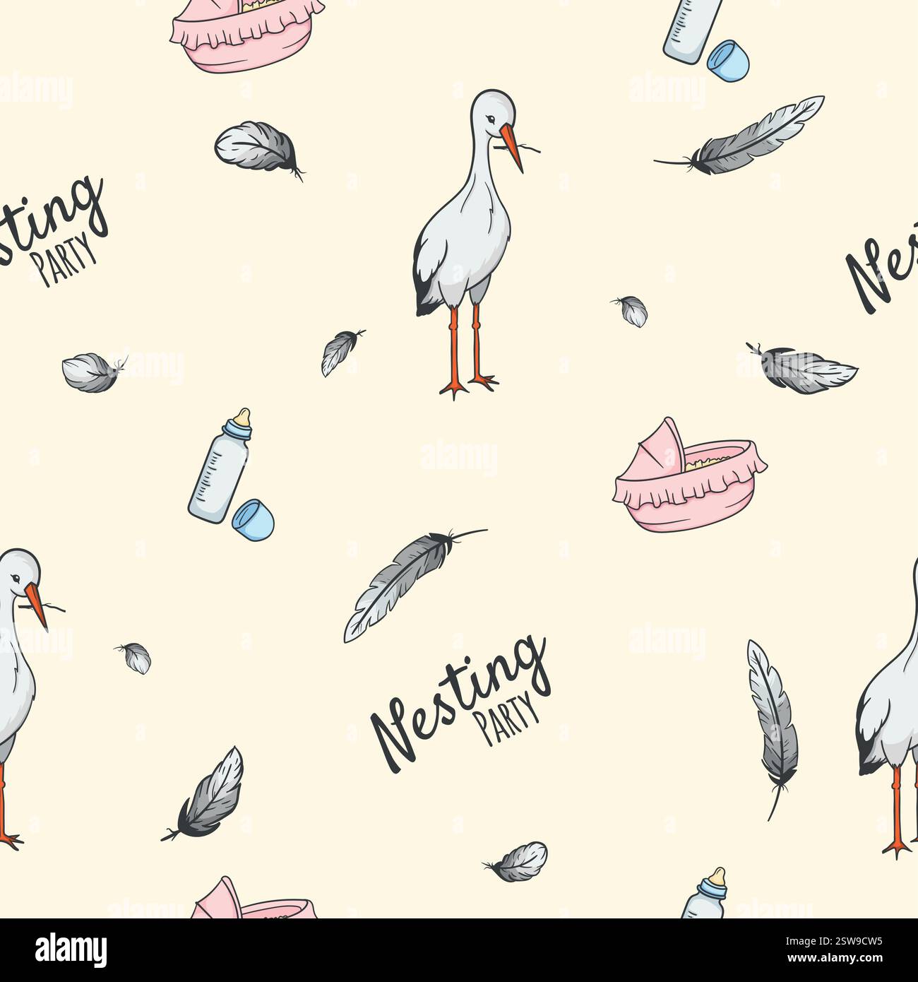 Seamless pattern nesting party. Vector background with stork, feathers ...