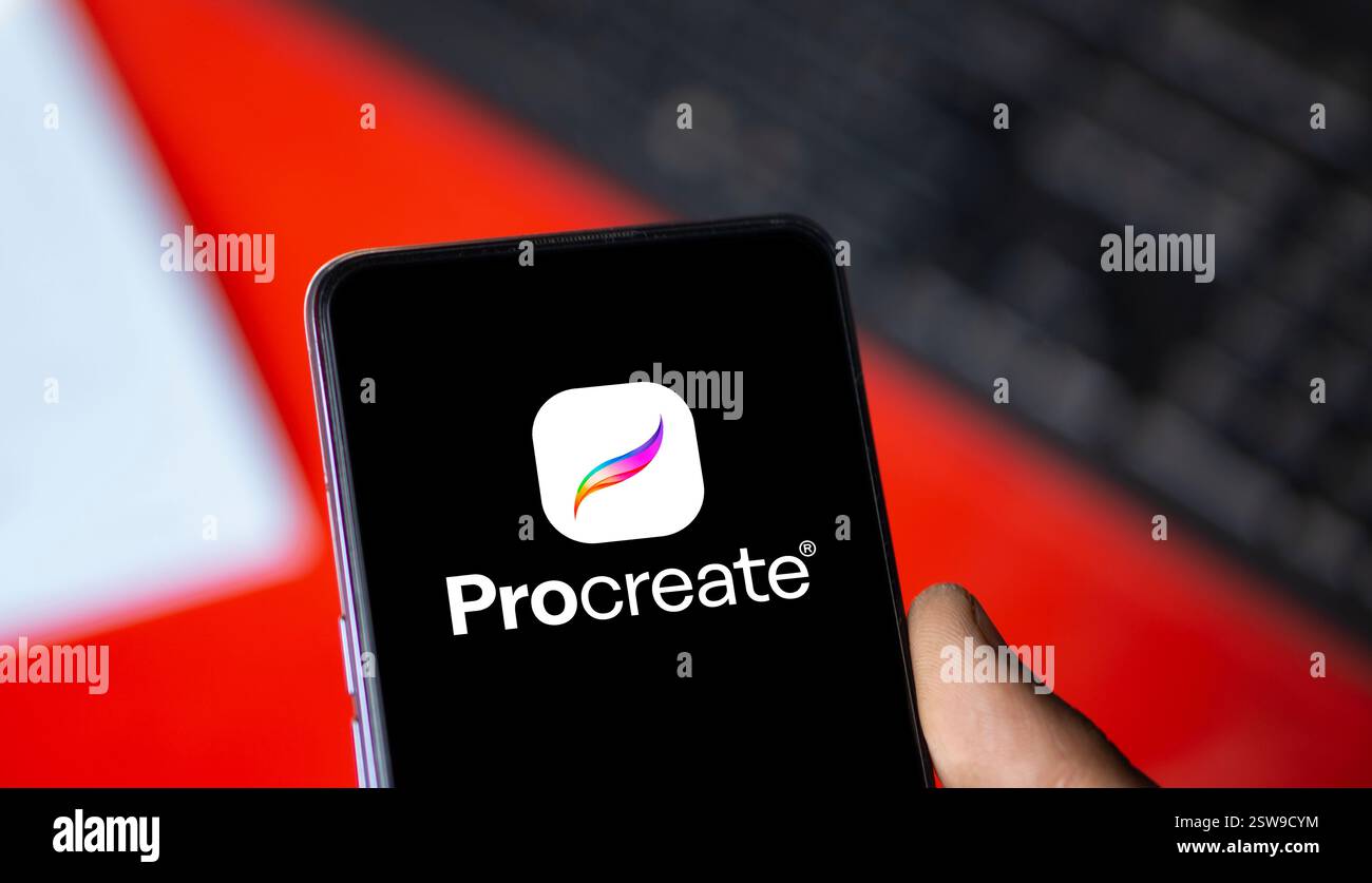 Dhaka, Bangladesh- 31 Oct 2024: Procreate logo is displayed on smartphone. Procreate is a raster ...
