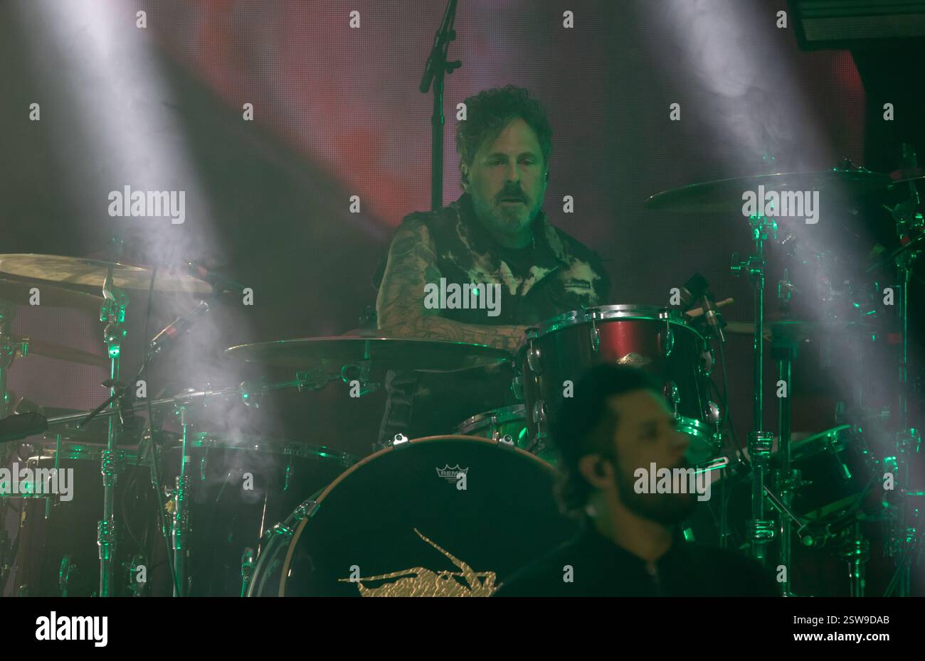 Drummer Tony Palermo from Papa Roach performs live at M&S Bank Arena ...