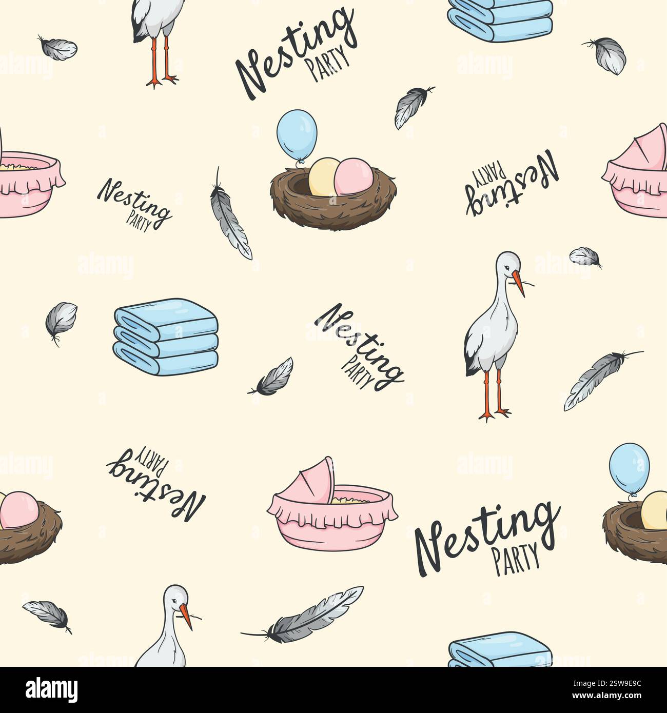 Seamless pattern nesting party. Vector endless background with stork ...