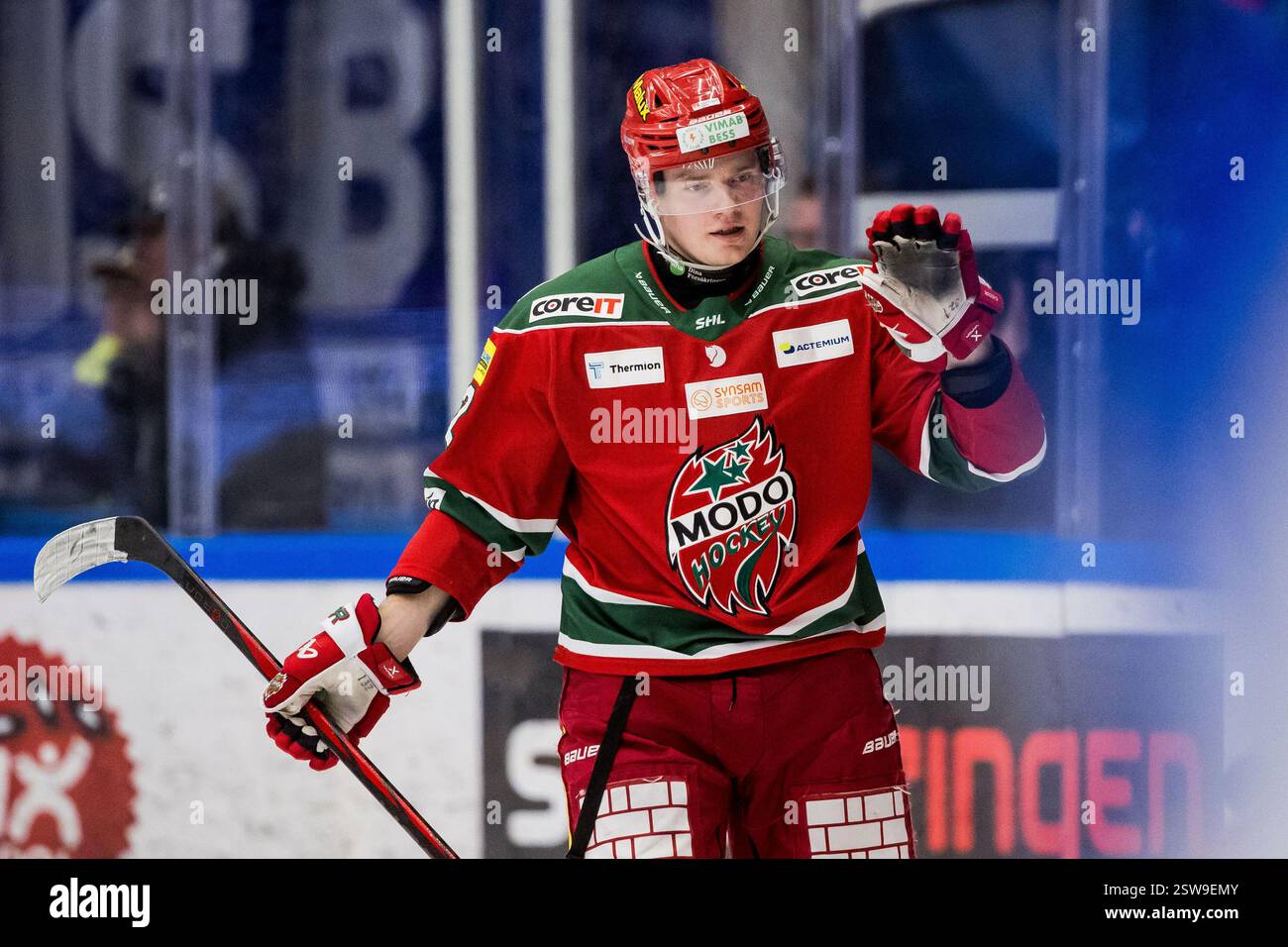 Leksand, Sverige. 20th Feb, 2025. 250220 Modos Theodor Niederbach jublar efter 2-2 under ...