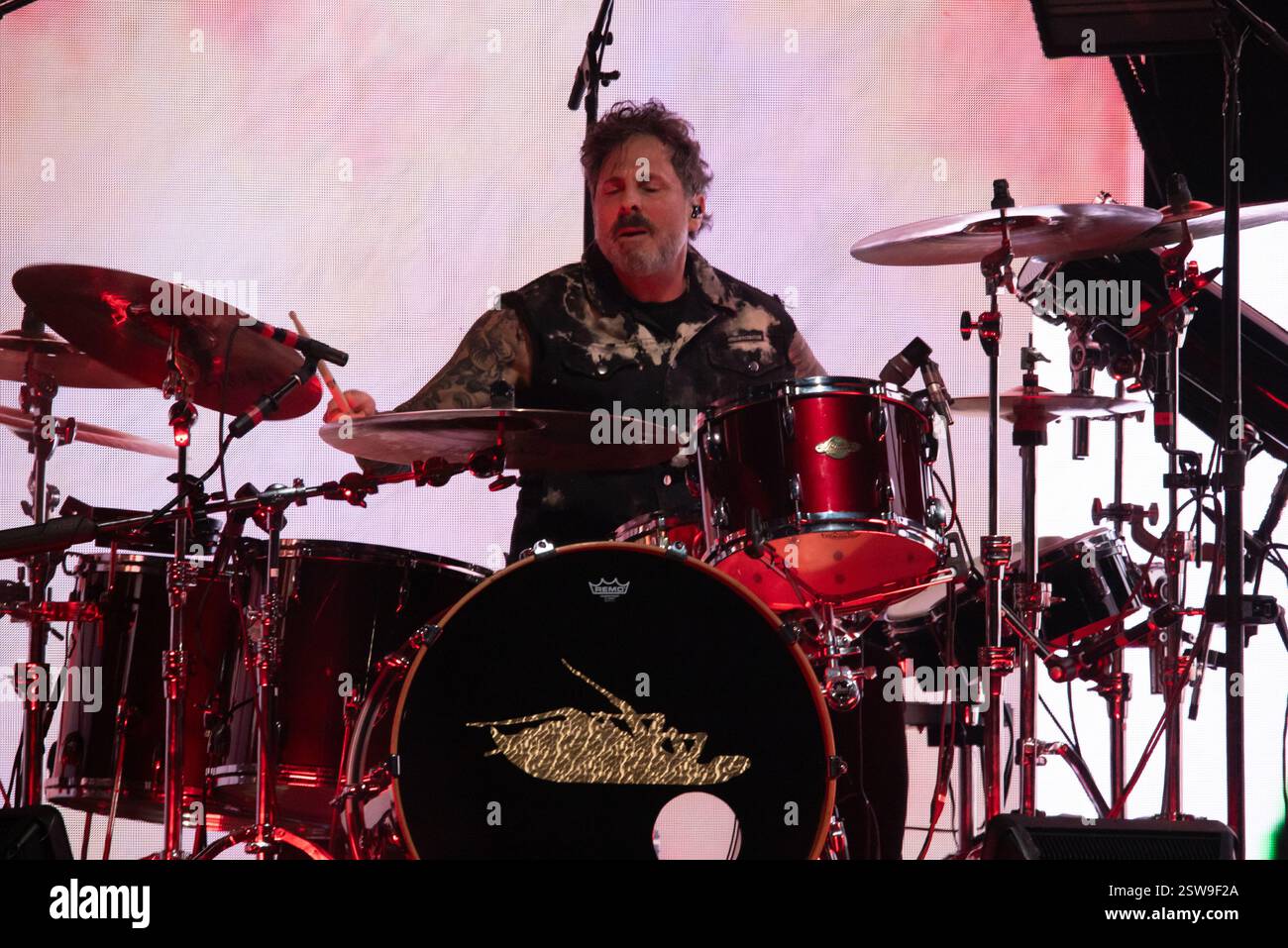 Drummer Tony Palermo from Papa Roach performs live at M&S Bank Arena ...