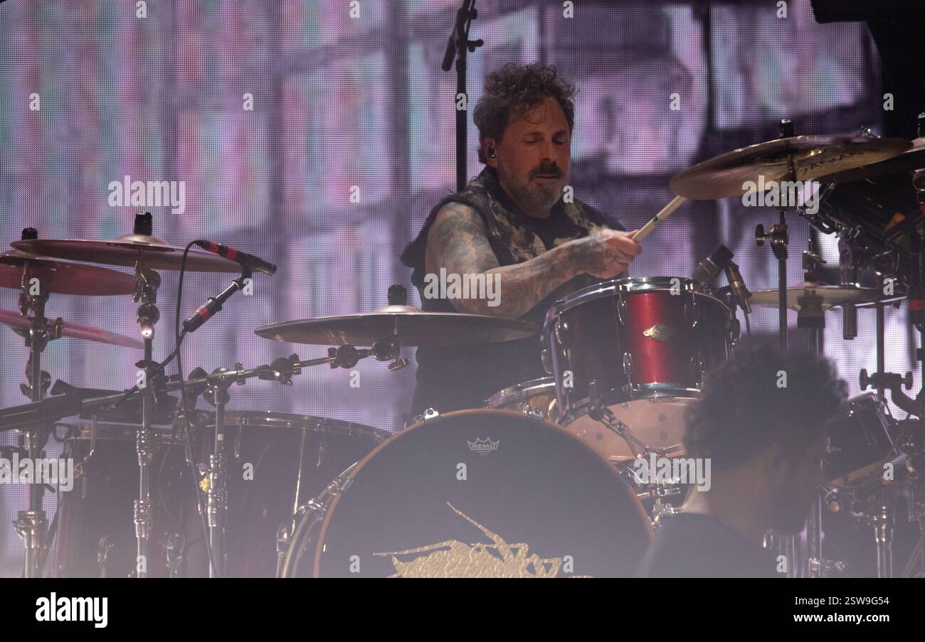 Drummer Tony Palermo from Papa Roach performs live at M&S Bank Arena ...