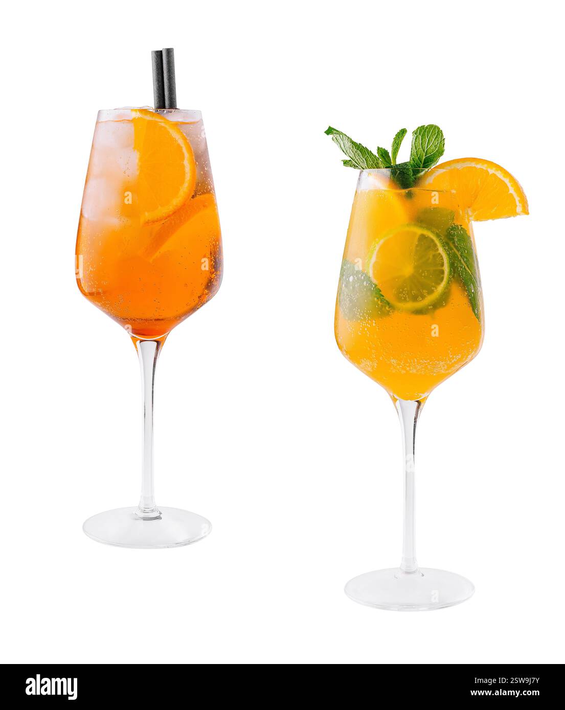 Two refreshing cocktails with orange slices and ice cubes are standing ...