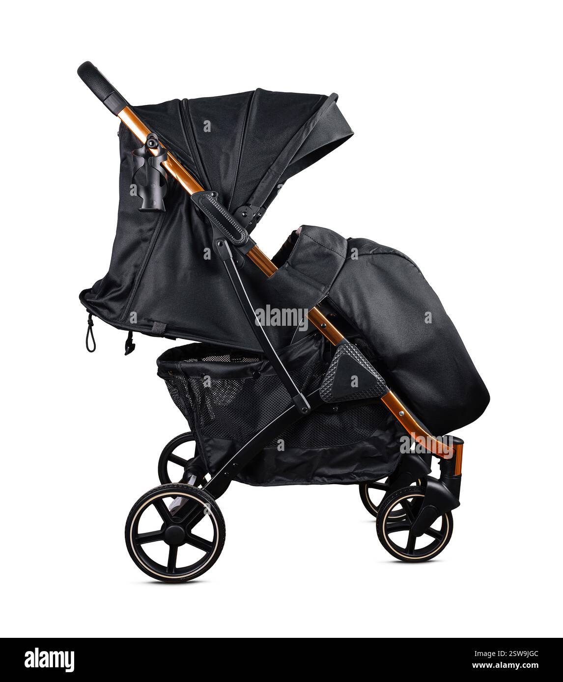 Modern black baby stroller with brown leather details isolated on white ...