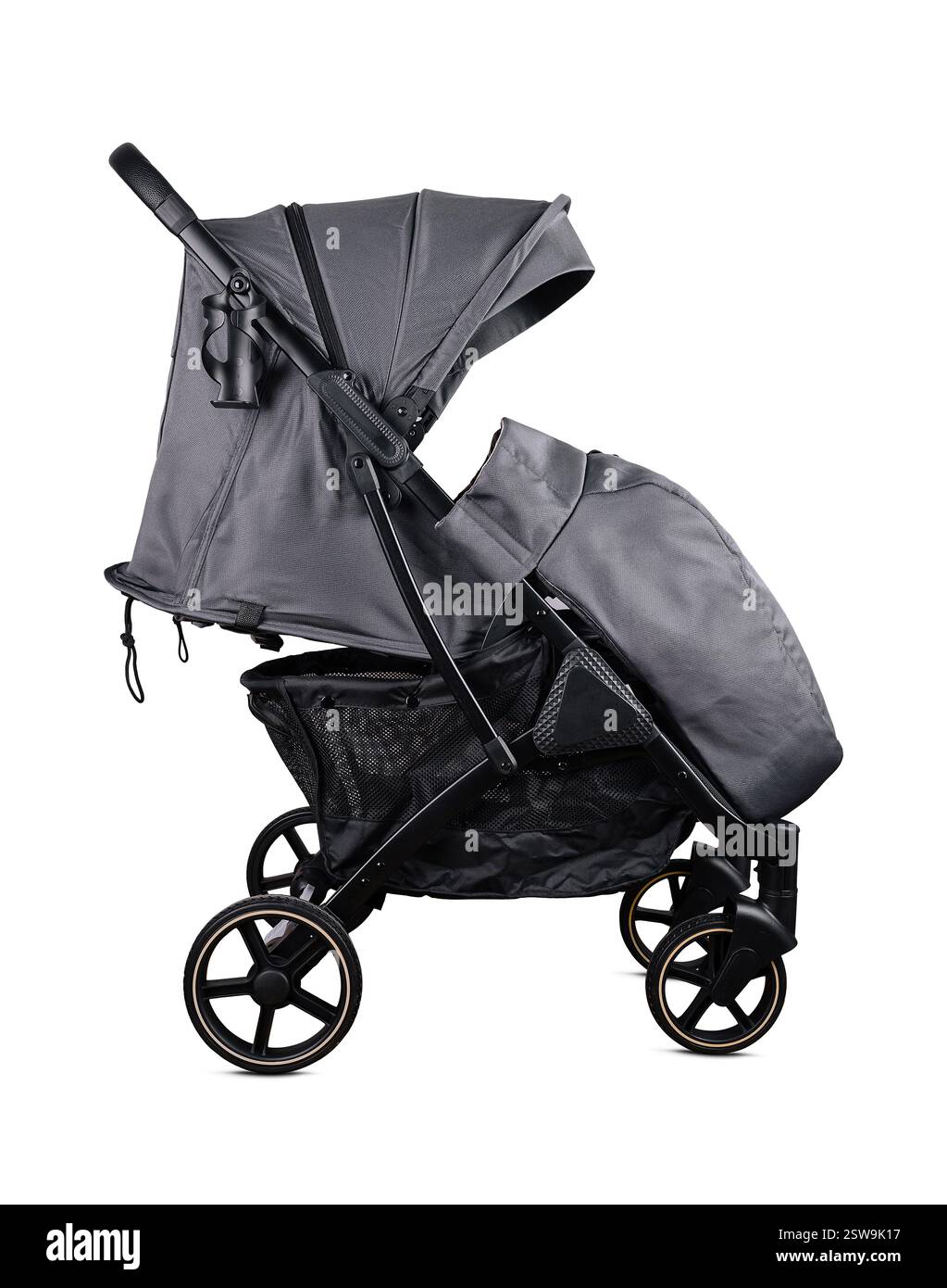 Modern gray baby stroller with cup holder isolated on white background ...
