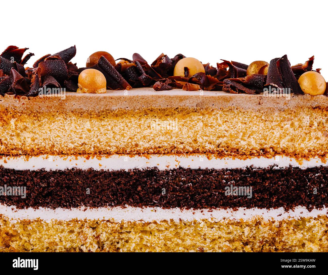 Delicious layered cake with chocolate curls and icing on white ...