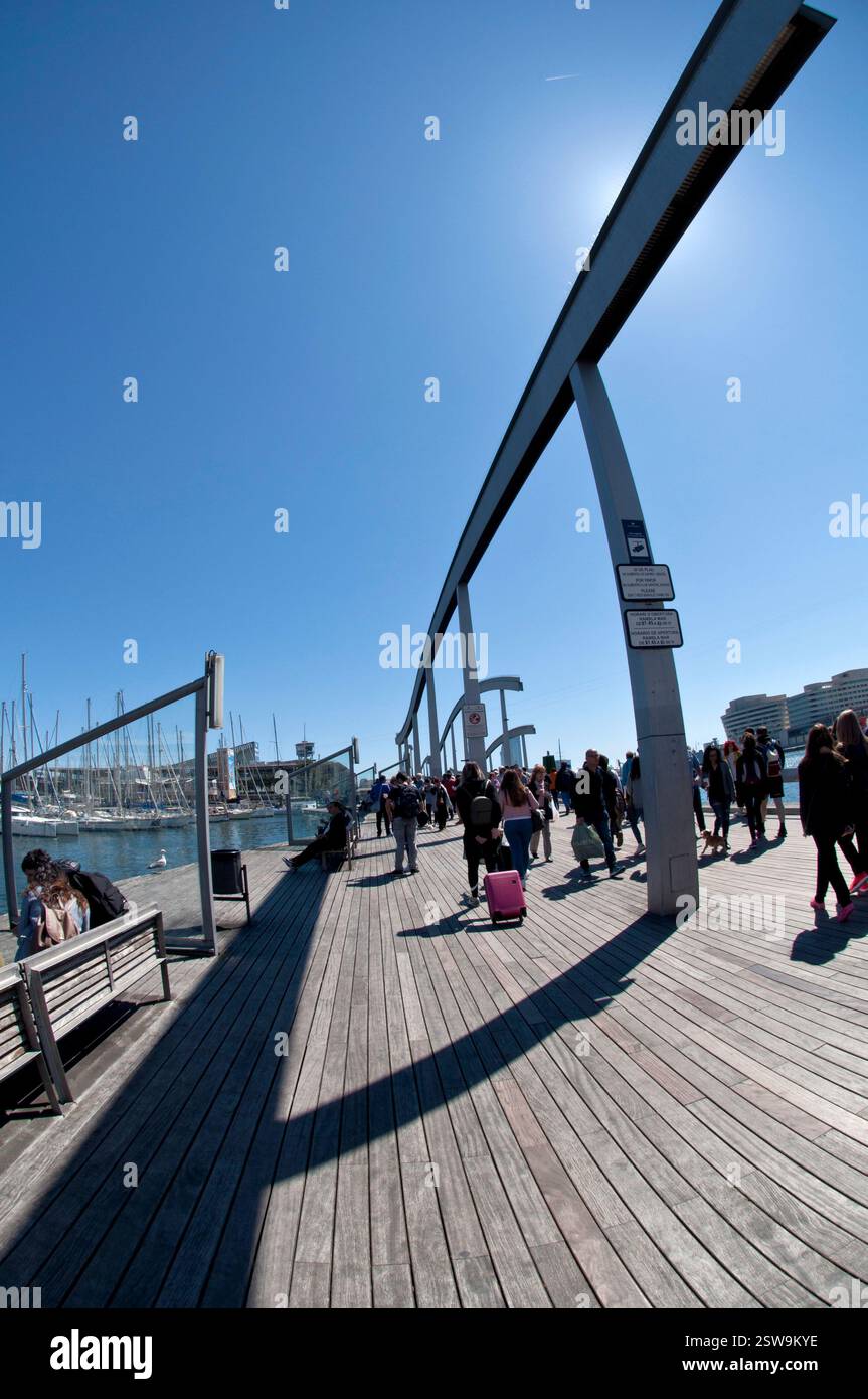 Maremagnum movable bridge, leisure area in Port Vell, Rambla del Mar ...