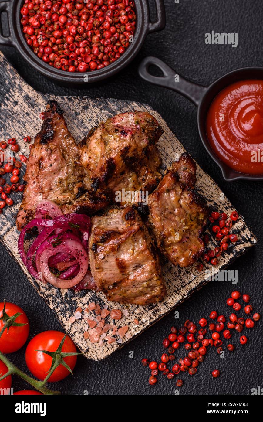 Pieces of beef meat cut into slices, marinated with salt and spices ...