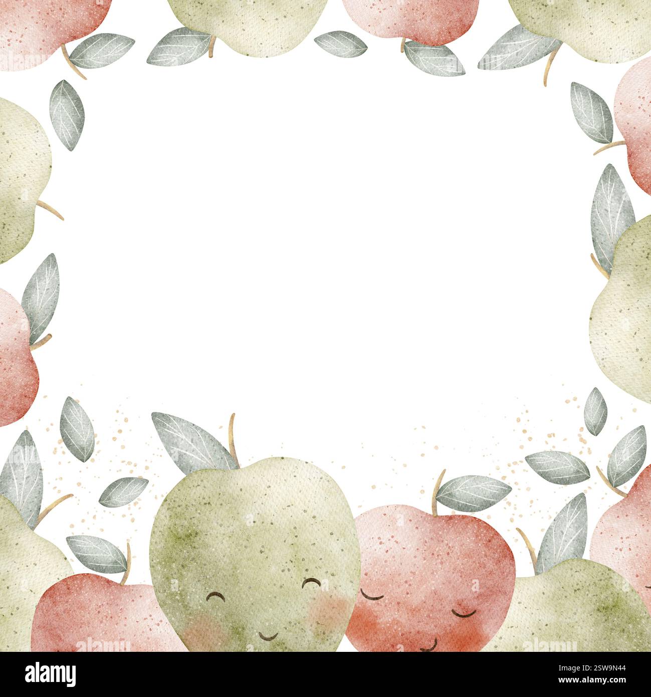 Frame watercolor funny apples, red green with cute eyes. Illustration ...