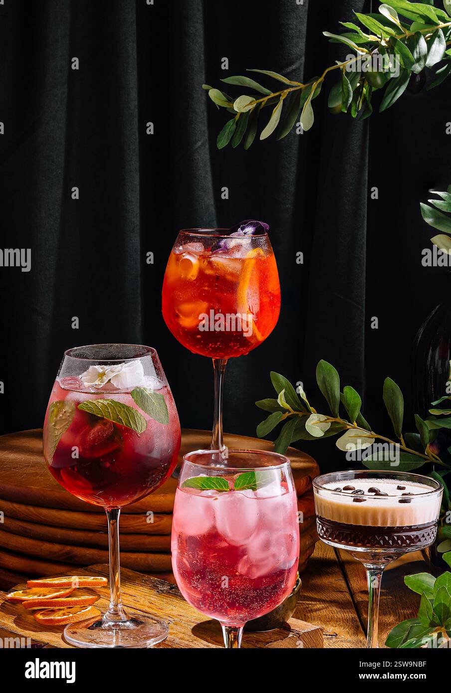 Diverse collection of crafted cocktails artistically presented against ...