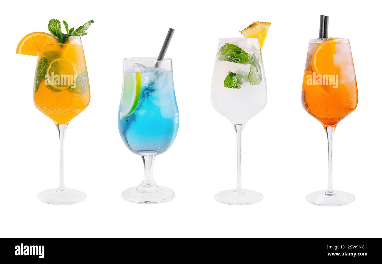 Four refreshing cocktails standing isolated on white background Stock ...
