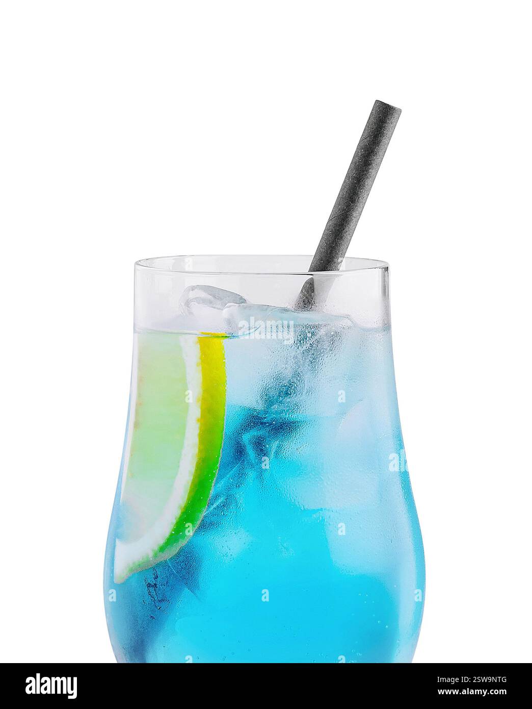 Refreshing blue cocktail is served in a hurricane glass with ice, a ...