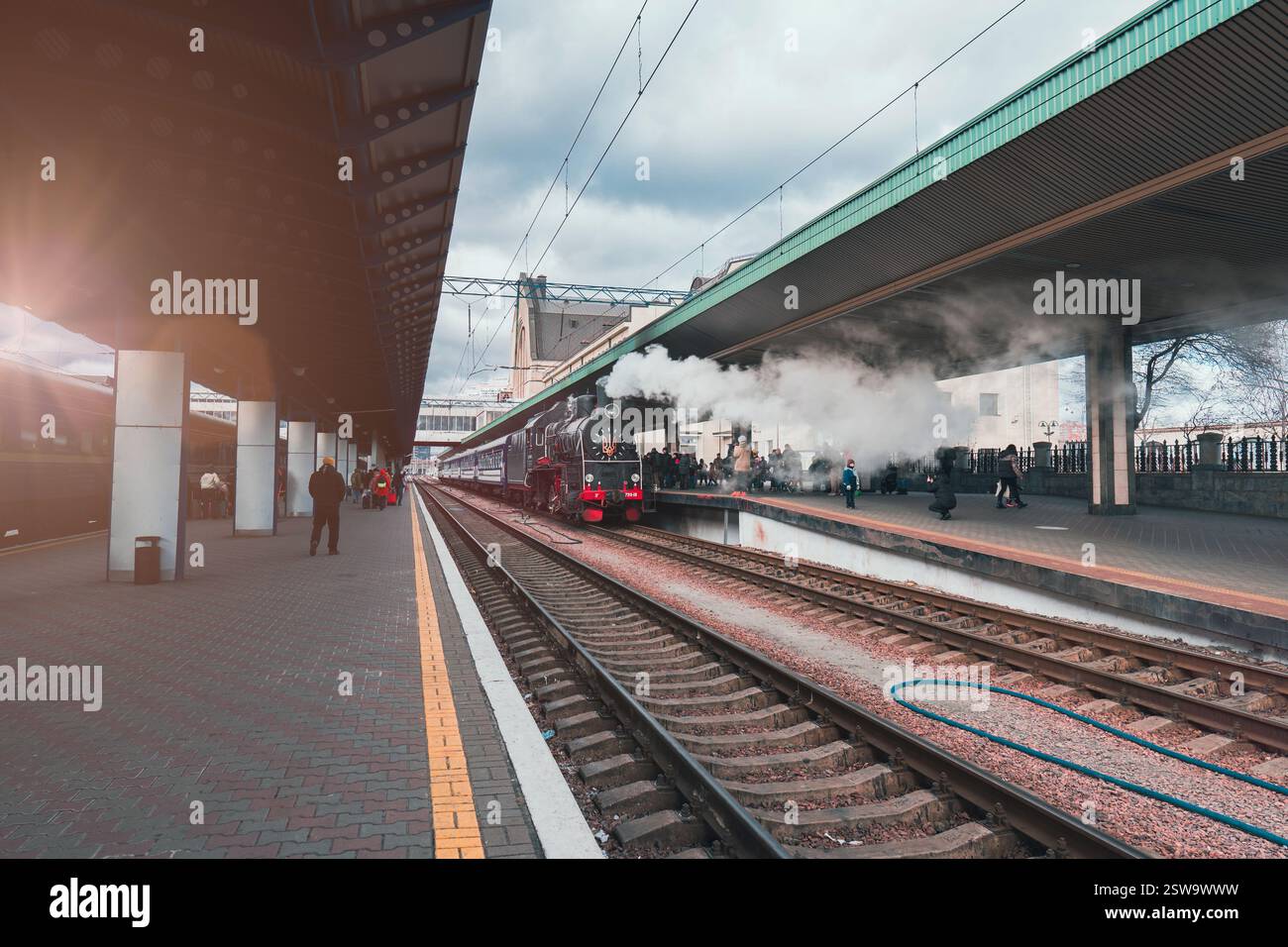 Ukraine, Kyiv 01 05 2025: Vintage steam locomotive prepares to depart ...