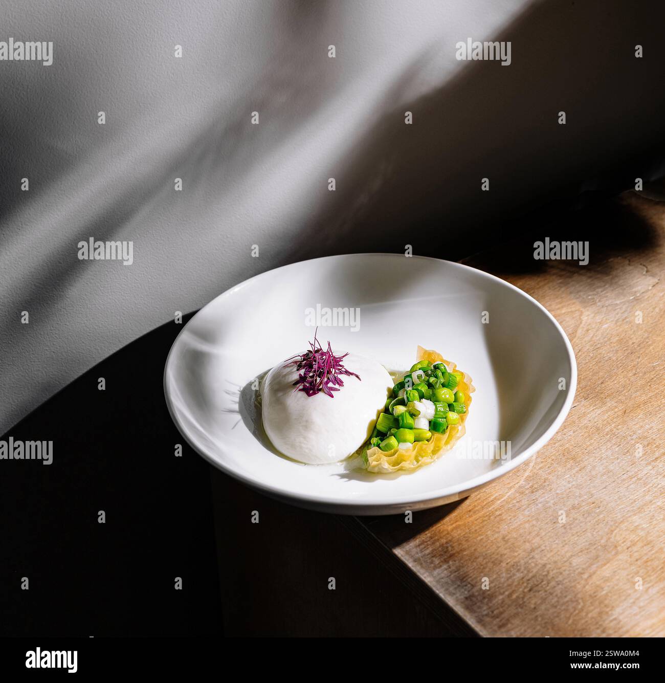Gourmet dish featuring delicate foam and fresh vegetables, creating a ...