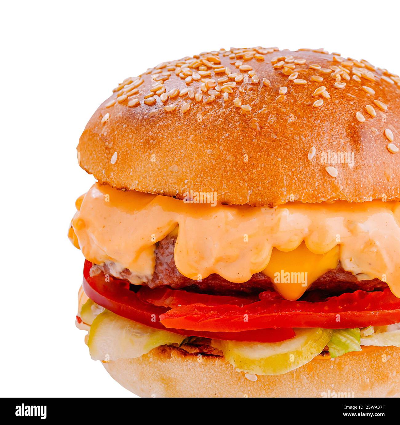 Delicious burger with melted cheese dripping over toppings on white ...