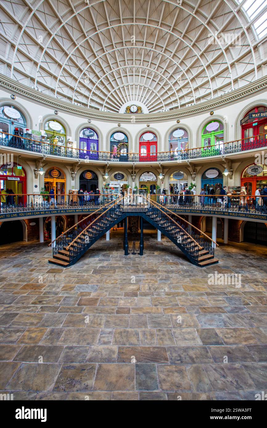 CORN EXCHANGE, LEEDS, UK - FEBRUARY 16, 2025. Vertical panoramic ...