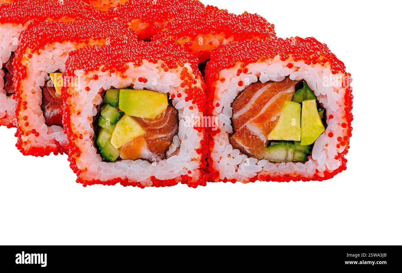 California roll sushi with tobiko on white background Stock Photo - Alamy