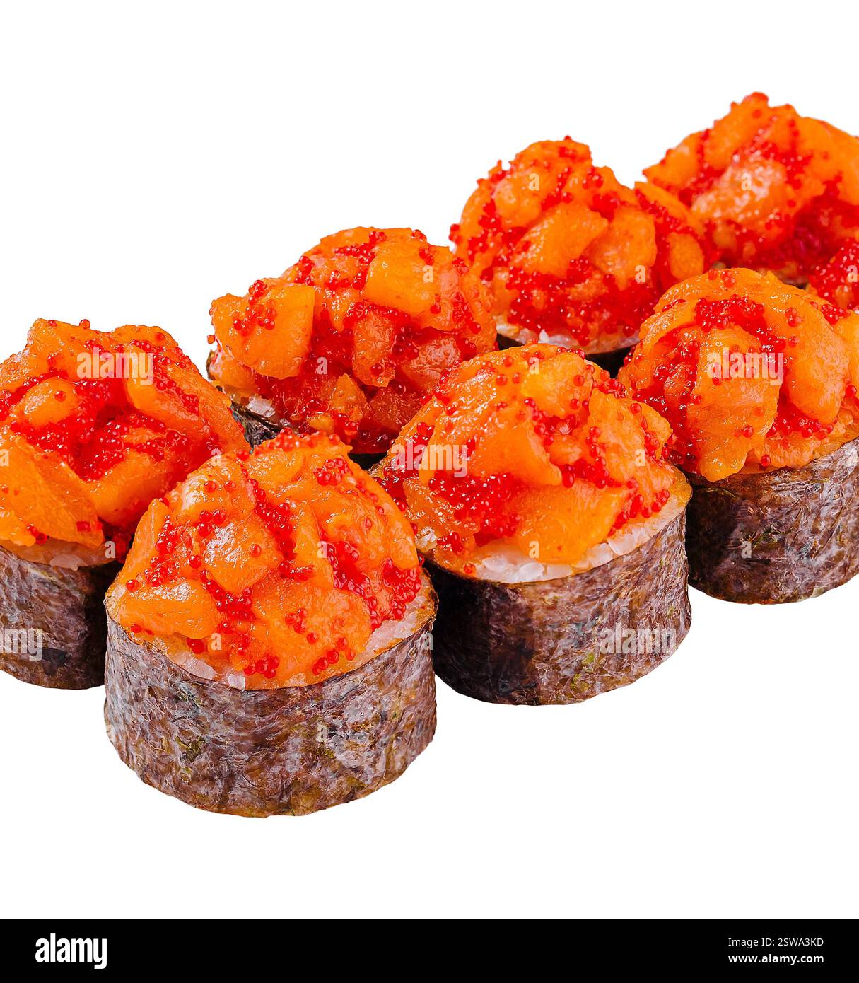 Spicy gunkan maki sushi rolls with tobiko roe on white background Stock Photo - Alamy