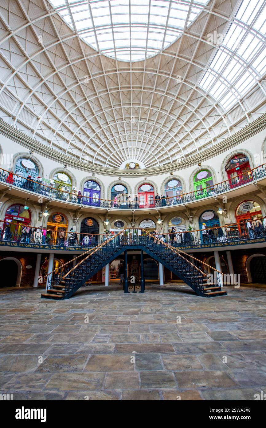 CORN EXCHANGE, LEEDS, UK - FEBRUARY 16, 2025. Vertical panoramic ...