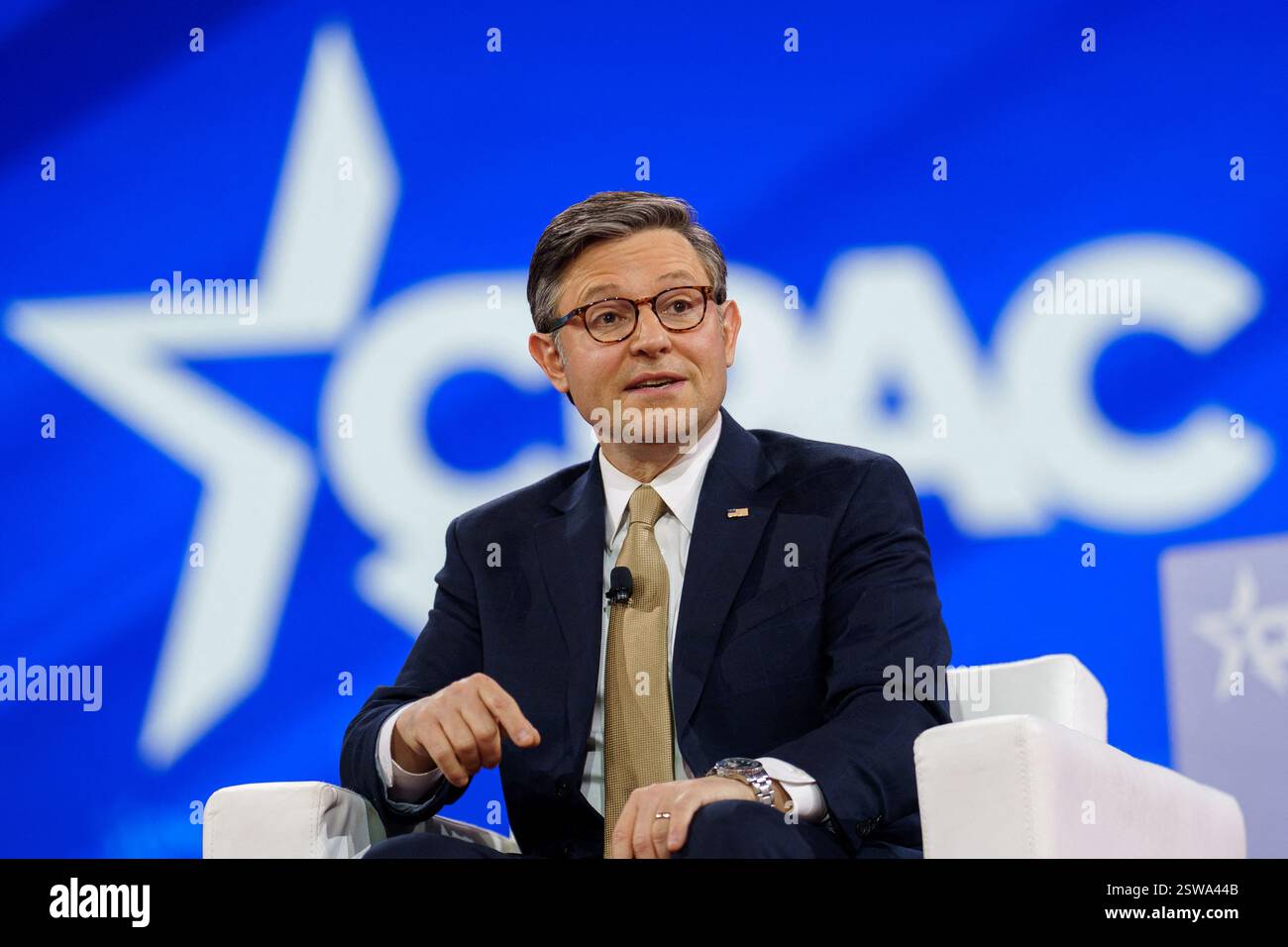 US House Speaker Mike Johnson speaks at the Conservative Political ...